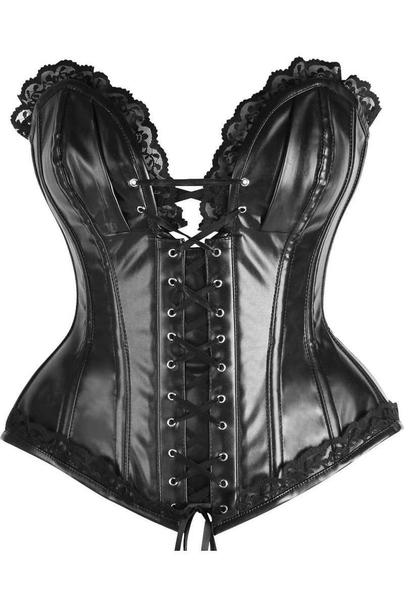 Top Drawer Black Faux Leather & Lace Trim Steel Boned Corset | Daisy ...