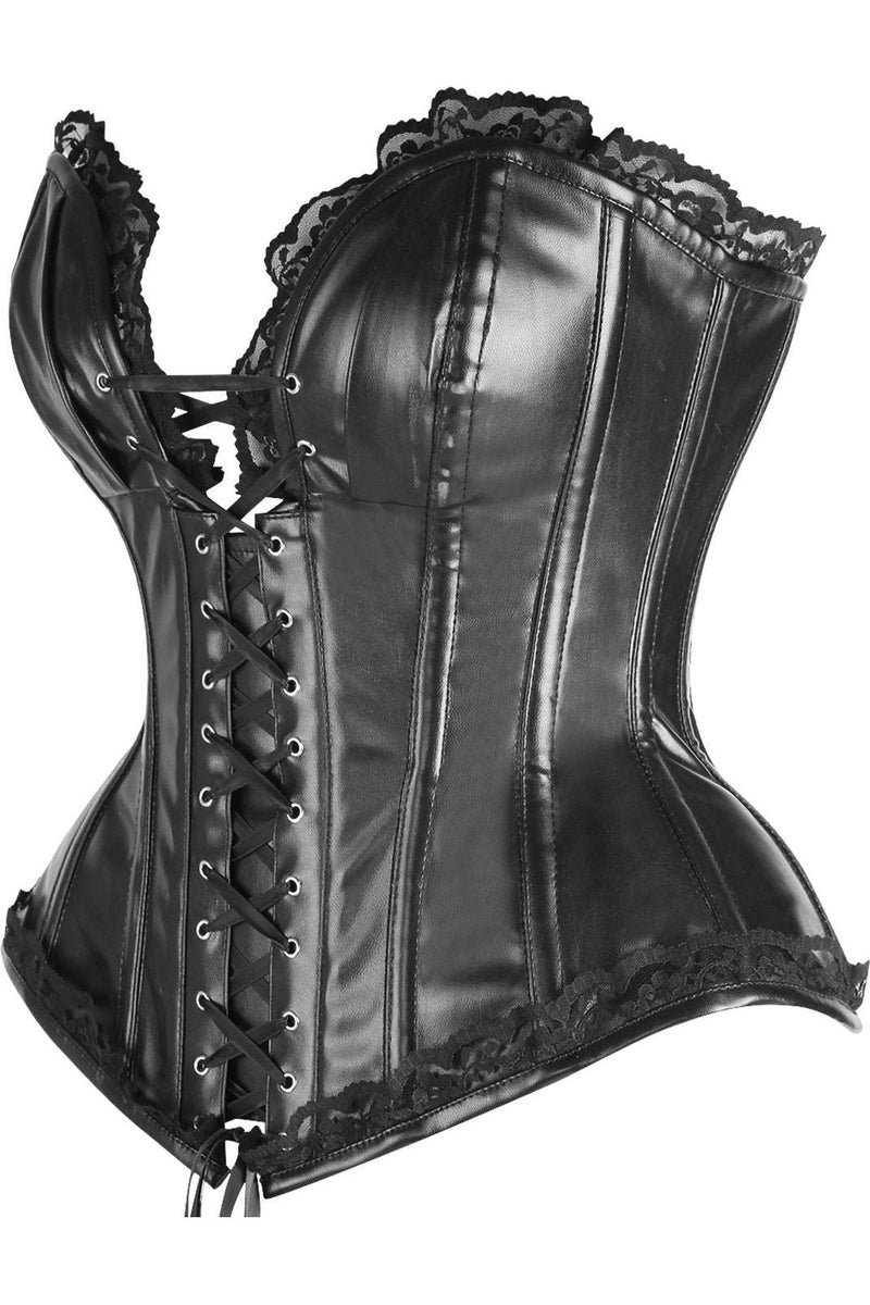 Top Drawer Black Faux Leather & Lace Trim Steel Boned Corset | Daisy ...