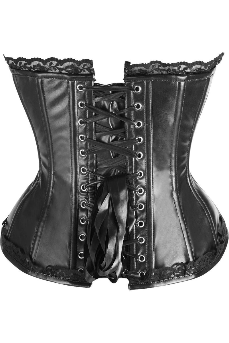 Top Drawer Black Faux Leather & Lace Trim Steel Boned Corset | Daisy ...