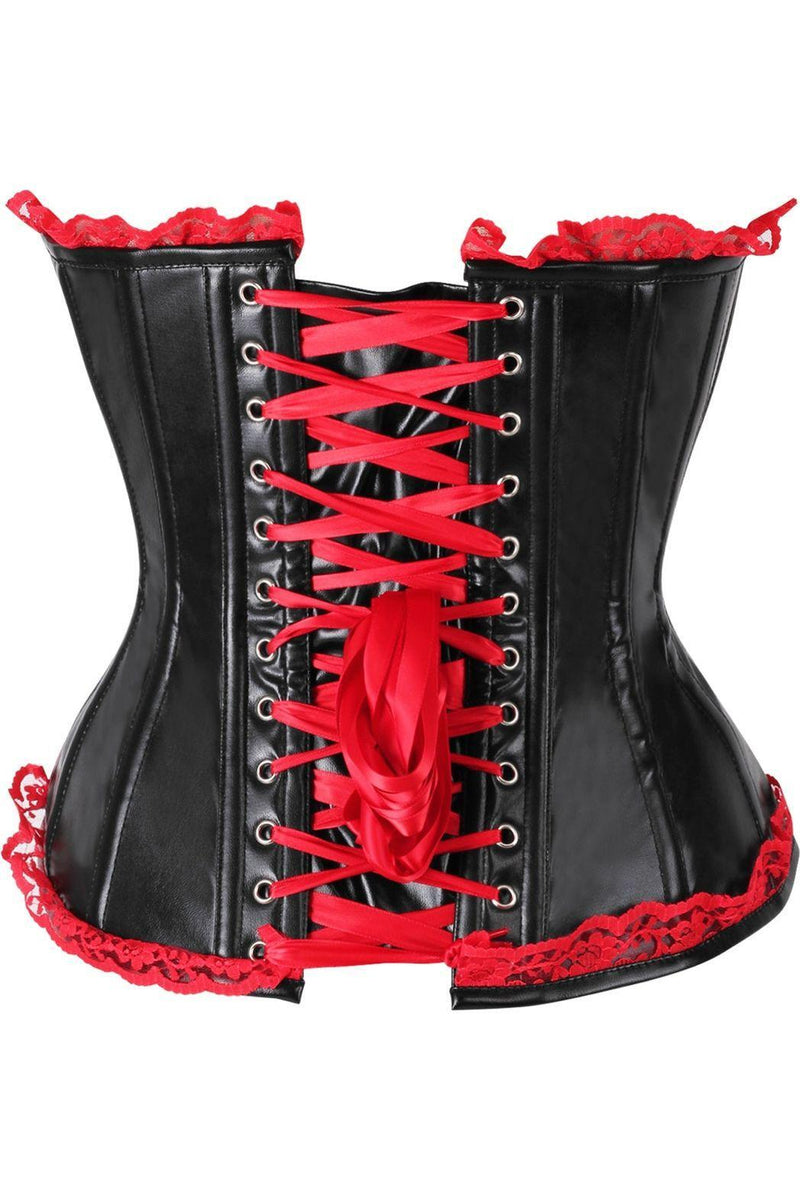 Daisy Corsets Top Drawer Black Faux Leather & Red Lace Trim Steel Boned ...